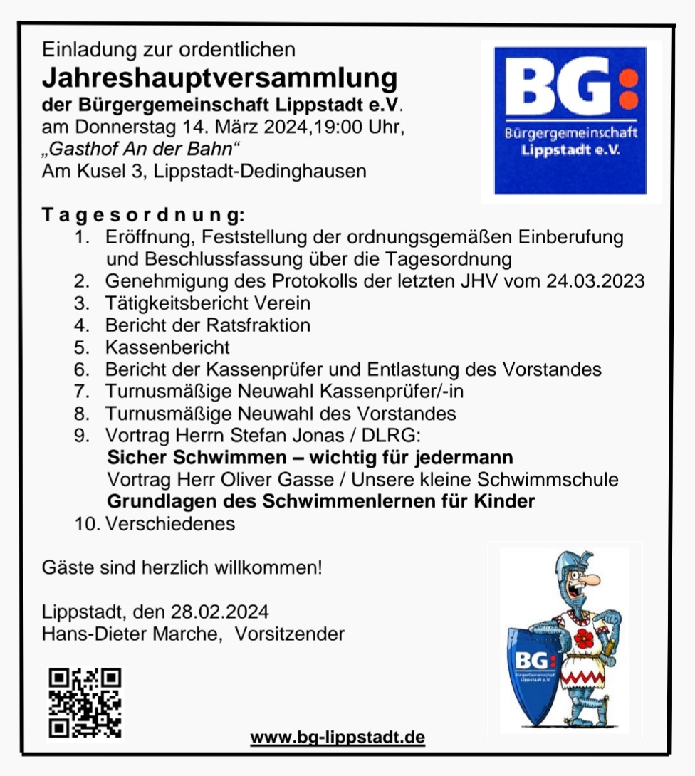 Einladung zur ordentlichen Jahreshauptversammlung 2024 – BG Lippstadt